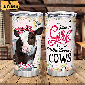 Hyturtle Personalized Gifts For Cow Lover - Birthday Christmas - Just A Girl Who Loves Cows Custom Name Stainless Steel Tumbler 20oz With Lid - Cow Heifer Lover Gifts For Her Women Girl Daughter