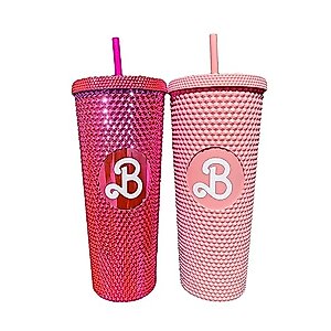 CAKEASY 2Pcs Barbi Studded Tumbler, Bling Bling Pink Barbi Cup, 24oz Barbi Land Water Bottle With Straw, Barbe The Movie Merch, Cupholder Friendly, Women Men Travel Mug for Home, Office, Outdoor