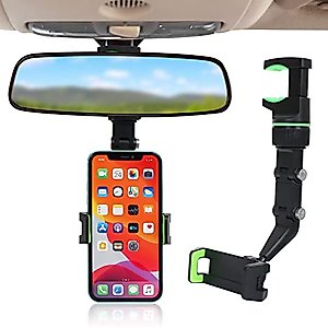 FYY Car Phone Holder Mount, 360°Rotating Rearview Mirror Phone Holder for Car, Multifunctional Phone Mount and GPS Holder, Fixed and Adjusted Cell Phone Automobile Cradles (Black+Green)