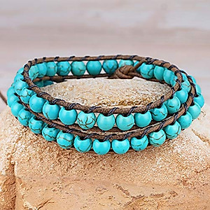 KELITCH 6mm Turquoise Beads 2 Wrap Bracelets Natural Crystal Stone Beaded Bracelet Women Agate Leather Bracelets Bangles