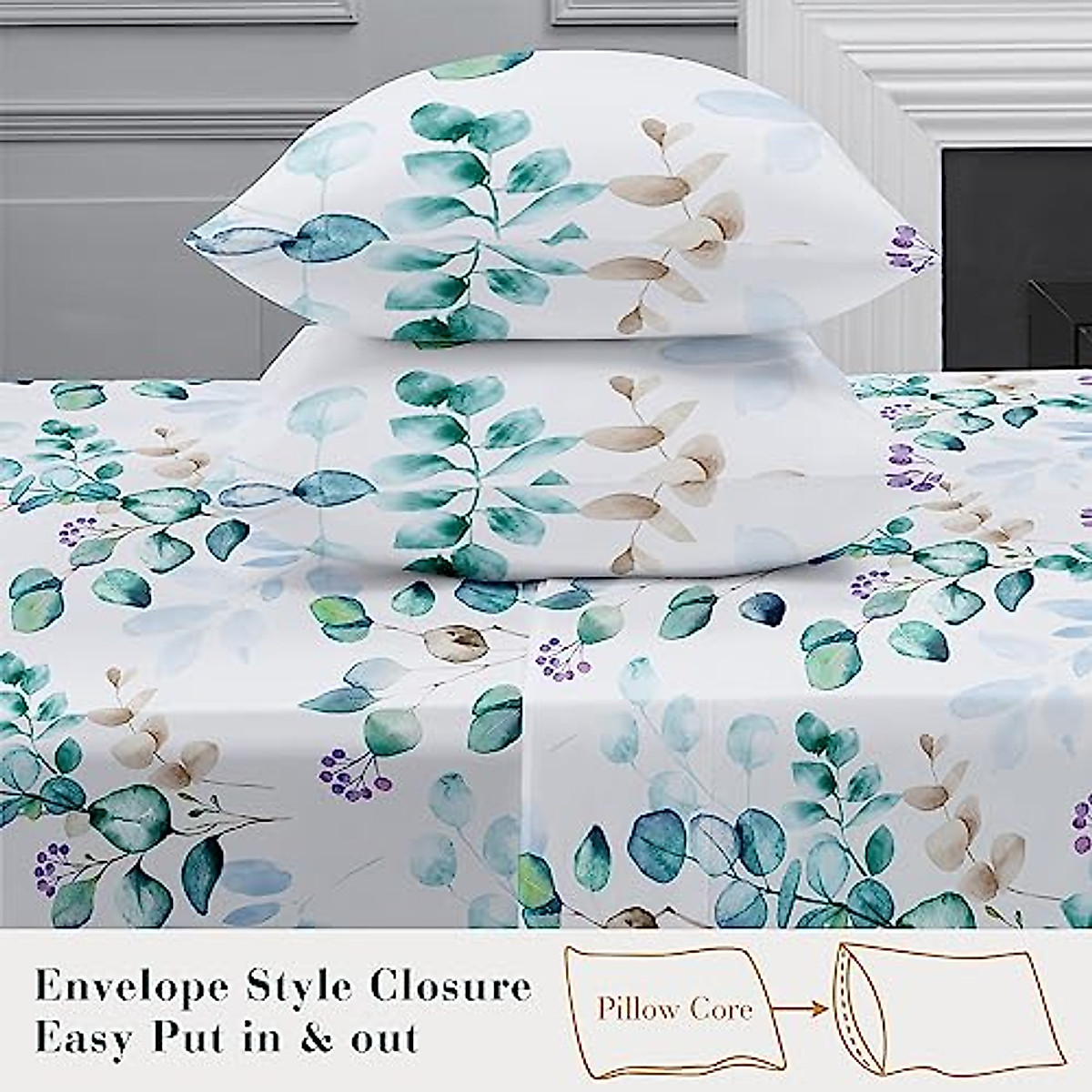 YIYEA Queen Sheet Set - Plant Print - Luxury Brushed Microfiber Bed Sheets - Lightweight Breathable Cooling Sheets for Queen Size Bed - 16" Deep Pocket, Shrinkage, and Fade Resistant - 4 PC