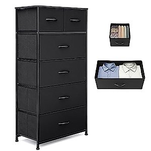 VredHom Fabric Dresser for Bedroom, Tall Skinny Dresser with 6 Drawers, Storage Organizer Tower, Steel Frame Wooden Top for Closet, Living Room, Hallway, Nursery(Black)