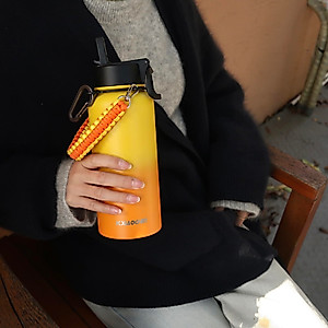 32 oz Insulated Water Bottle with Paracord Handles & Strap, 2 Lids(Straw Lid&Spout Lid), Stainless Steel Reusable Wide Mouth Metal Water Bottle With Straw, Double Walled, Thermo Mug（Mango Yellow)