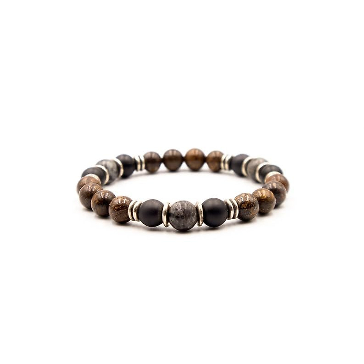 LKBEADS Natural Natural Bronzite, Black Agate, Sesame Jasper 8mm rondelle smooth 7inch Semi-Precious Gemstones Beaded Bracelets for Men Women Healing Crystal Stretch Beaded Bracelet Unisex