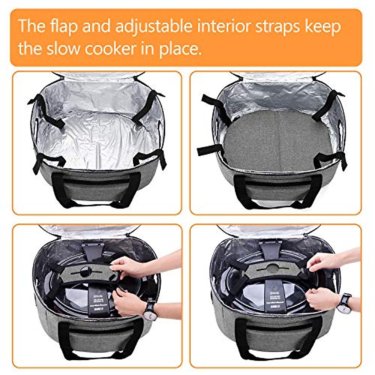 Luxja Double Layers Slow Cooker Bag (with a Bottom Pad and Lid Fasten Straps), Insulated Slow Cooker Carrier Fits for Most 6-8 Quart Oval Slow Cooker, Gray (Bag Only)