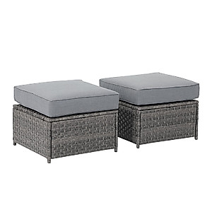 SUNSITT Outdoor Patio Ottoman Set of 2, All Weather Rattan Outdoor Ottoman Set, Grey Wicker Footstool Ottoman Footrest Seat w/Olefin Grey Cushions for Balcony, Porch and Deck