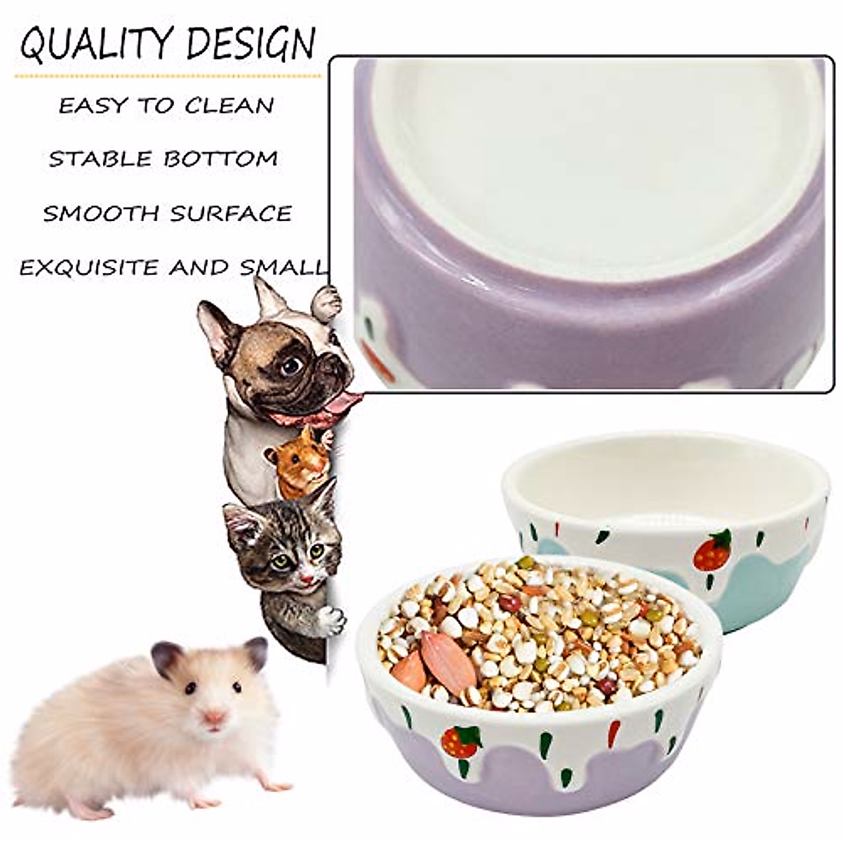 Hamster Food Bowl,Small Animals Ceramic Food Water Bowl Prevent Tipping Moving for Guinea Pig Rabbit Gerbil Chinchilla Hedgehog Rat (2 Pack) (- Color: Purple + Blue)