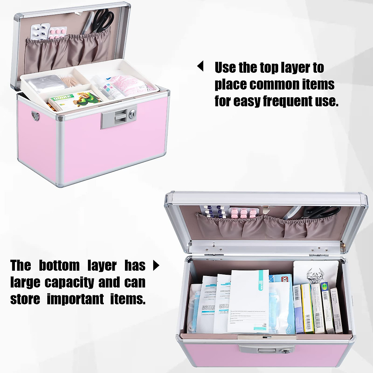 xydstay Medicine Lock Box, First Aid Safe Medication Storage Box,Layered Aluminum Daily Medicine Cabinet,Large Capacity Locking Medicine Storage Box for Family Use,14" x 7.9" x 8.7", Pink