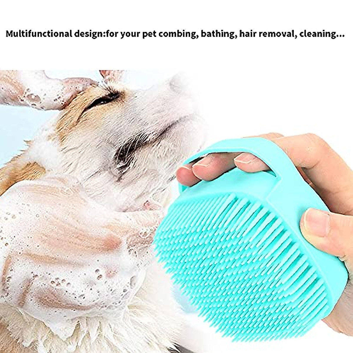 Pet Dog Bath Brush Soft Silicone Dog Shampoo Brush, Brush Hair Fur Grooming Cleaning Brush Soft Shampoo Dispenser (Blue)