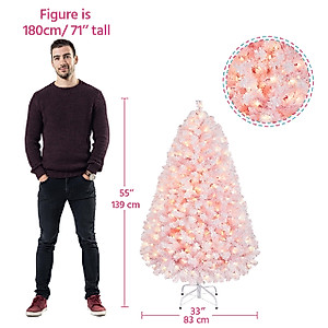 Yaheetech 4.5ft Pre-lit Artificial Christmas Tree with Incandescent Warm White Lights, Snow Flocked Full Prelighted Xmas Tree with 340 Branch Tips, 150 Incandescent Lights & Foldable Stand, Pink