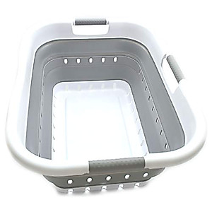 SAMMART 41L (10.8 gallon) Collapsible 3 Handled Plastic Laundry Basket - Foldable Pop Up Storage Container/Organizer - Portable Washing Tub - Space Saving Hamper/Basket (3 handled rectangular, White/Grey)