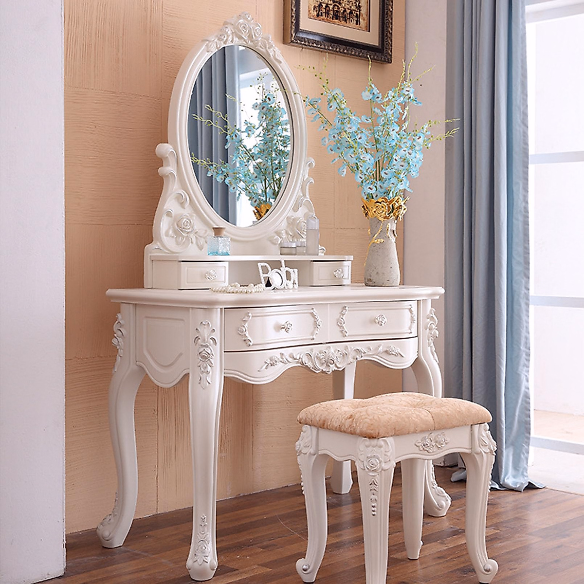 Luxury European Style Makeup Vanity, Vanity Table with Large Mirror and Upholstered Stool, Makeup Table with 4 Drawers, Bedroom Furniture Girls Women Gifts, White