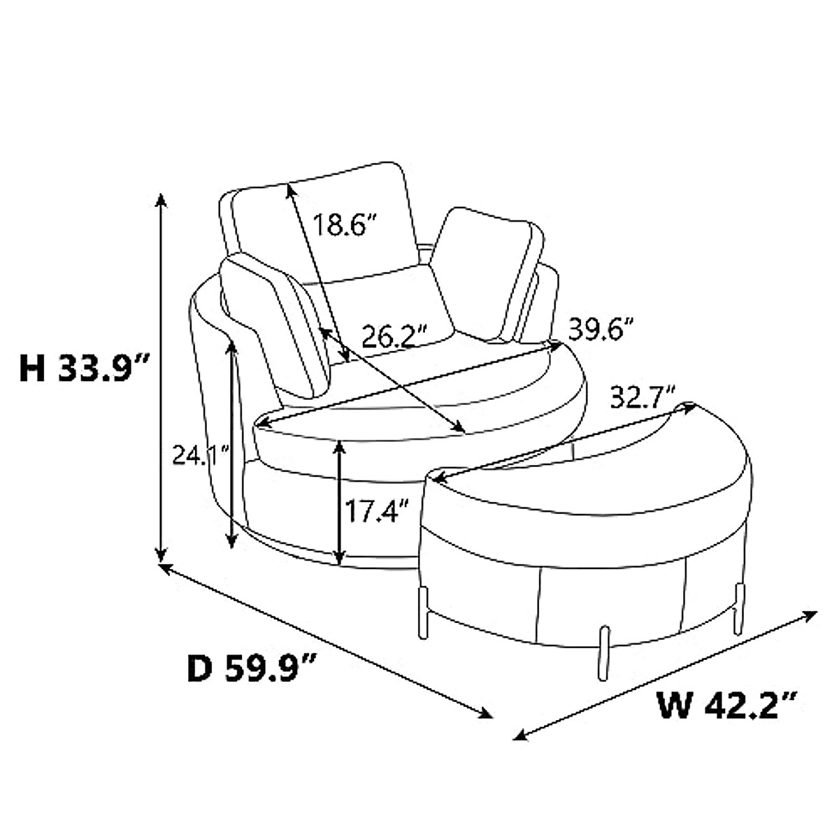 360° Swivel Accent Barrel Chair and Half Crescent Moon Storage Bench Large Ottoman with 4 Pillows,Upholstered Oversized Leisure Round Loveseat Recliner Sofa Chaise Lounge Circle Armchair for Club