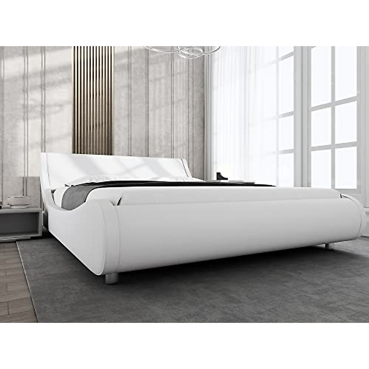 Allewie Upholstered King Size Platform Bed Frame Modern Low Profile Sleigh Bed with Faux Leather Headboard, Easy Assembly, No Box Spring Needed, Black and White