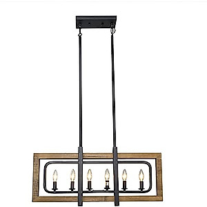 LOG BARN Farmhouse Chandelier, Pendant Lighting for Kitchen Island in Distressed Wood and Black Metal Finish, Ceiling Hanging Fixture for Dining Room