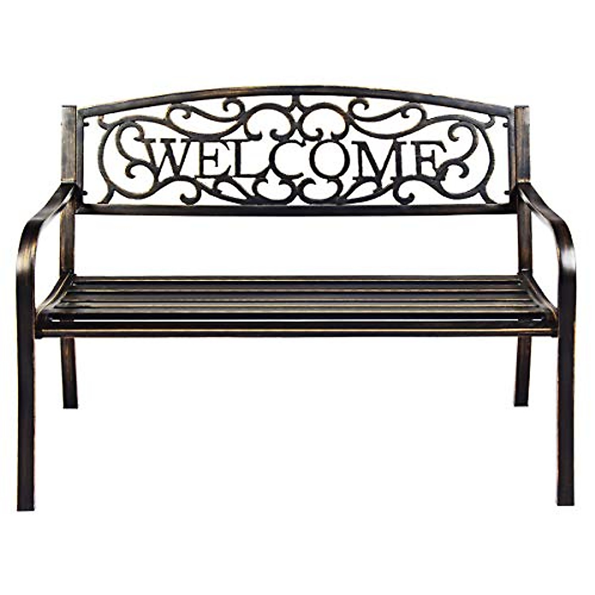 S AFSTAR Garden Bench, Outdoor Metal Porch Bench for Park Garden Yard, Patio Bench with Weather-Resistant Cast Iron Backrest and Welcome Pattern, Front Door Bench Park Bench for Outside (Bronze)