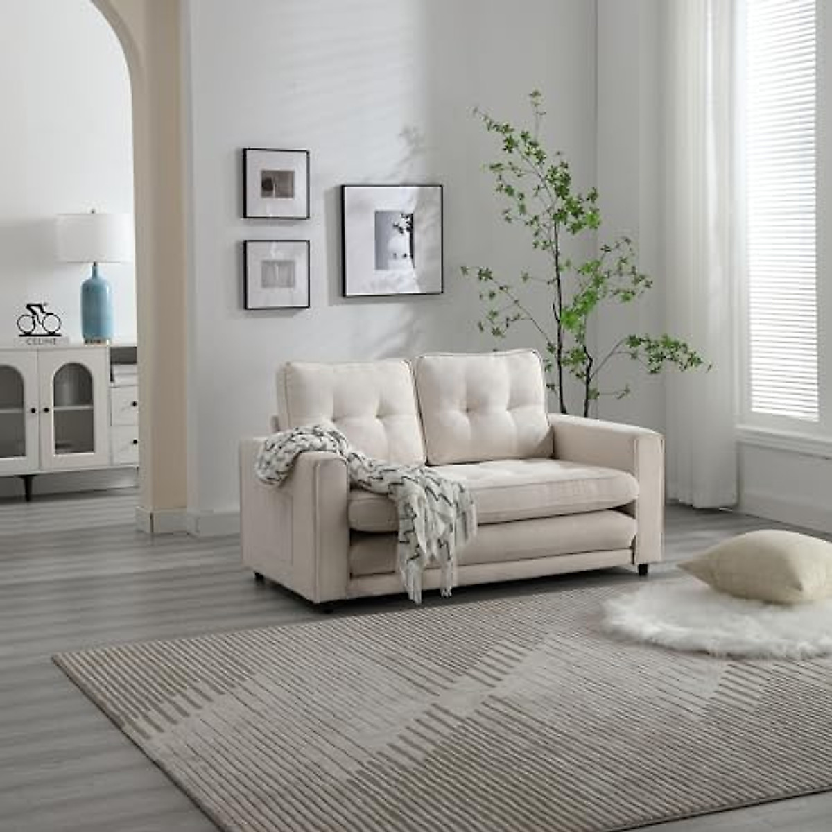 FULife Convertible Loveseat Sofa Futon Couch Sleeper Pullout Chaise Lounge Recliner Chair Reversible Folding Daybed Guest Bed, Beige Velvet Fabric 55”w