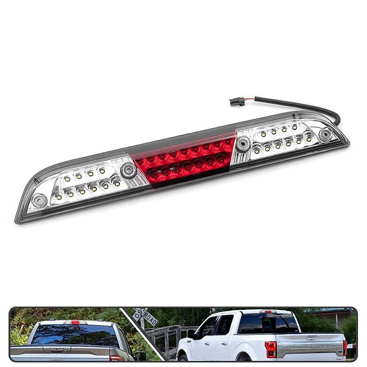 Clear Lens Red/white LED 3rd Third Brake Light for 2017-2021 Ford F-250 F-350 F-450 Super Duty with Strobe Feature Cargo/reverse lamp OEM High Mount Brake Lamp