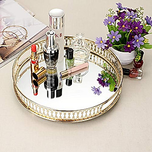 Hipiwe Mirror Vanity Tray - Round Metal Makeup Tray Jewelry Trinket Tray, Cosmetic Perfume Tray for Dresser Bathroom Bedroom Countertop Organizer Tray