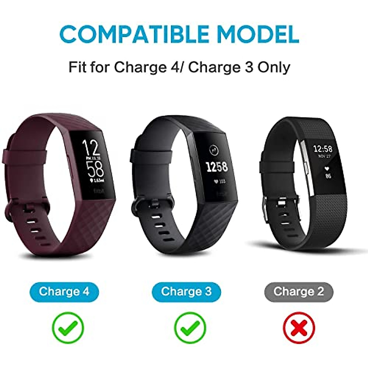 [2-Pack] Charger Cable Compatible with Fitbit Charge 3/Charge 4, Replacement USB Charging Cradle Dock Stand Cable for Smart Watch Fitbit Charge 3/Charge 4(3.3 ft/1.6ft)