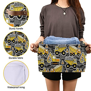 Construction Yellow Machinery with Truck Crane and Bulldozer Grey Rectangular Storage Basket Bin, Collapsible Storage Box with Leather Handles, Nursery Baskets Organizer for Kitchen, Kids Toy