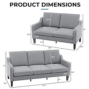 VINGLI Mid-Century Modern Light Grey Loveseat and Sofa Set,53" Small Love Seat+71" Sofa Couch for Living Room,Bedroom,Apartment(Light Grey)