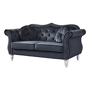 Pemberly Row 17" Transitional Tufted Velvet Loveseat in Black