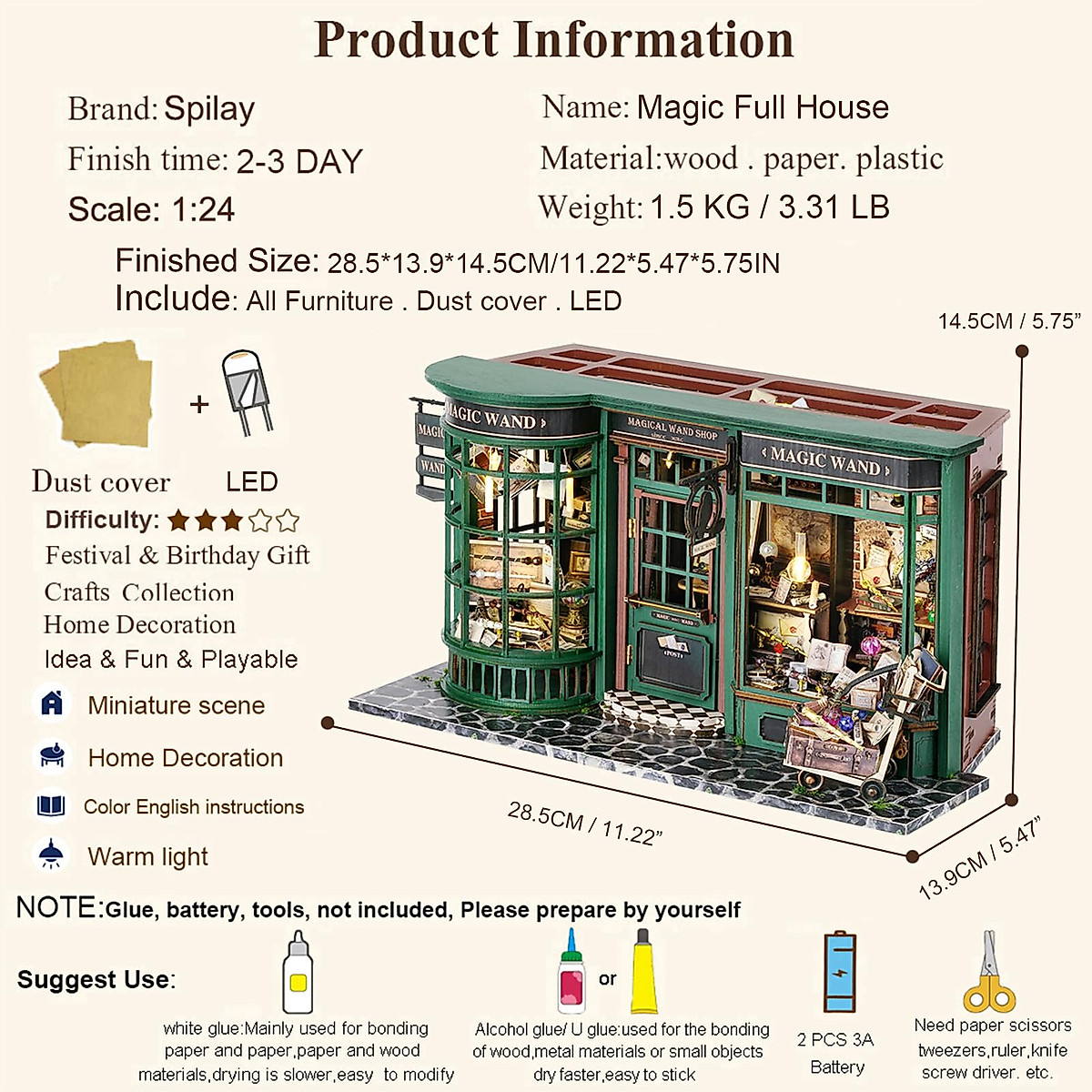 Spilay DIY Miniature Dollhouse Wooden Furniture Kit,Handmade Mini Modern Model Plus with Dust Cover & LED,1:24 Scale Creative Doll House for Lover Friend Gift (Magic House)