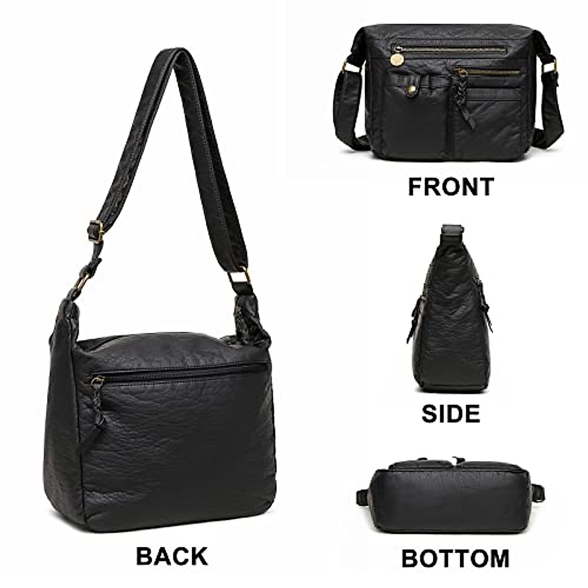 Keyli Crossbody Bags Christmas Gifts for Women Soft Washed Leather Crossbody Purse Retro Classic Shoulder Bags Messenger Lightweight Waterproof Satchels with Multi Pockets Travel Shopping Black