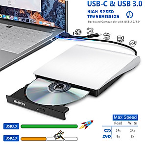 Haiway External DVD Drive, USB 3.0 Type-C CD Burner Portable CD DVD +/-RW Optical Drive Slim CD DVD ROM Rewriter CD/DVD Player Writer Reader for Laptop Desktop MacBook PC Windows Linux Mac OS (White)