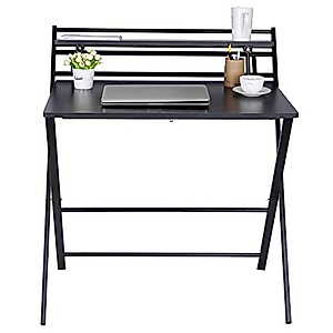 【US Stock】 Folding Study Computer Desk - Writing Desk Portable Lazy Foldable Table Laptop Desk Simple Computer Desk with Shelf for Small Space,Free Installation Home Office Desk (Black)