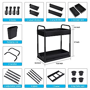premium adjustable Under Sink Organizer, Multi-Purpose 2-Tire Organizer, with 4 Hooks,4 Dividers, 2 Handles, For Kitchen, Bathroom, Easy To Use For Storage And Organization (Black-1 Pack).