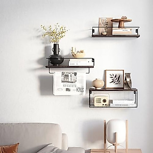 upsimples Bathroom Shelves with Storage Basket, Wall Shelves Over Toilet with Towel Bar and Paper Holder, Farmhouse Wood Floating Shelf for Bedroom, Living Room, Kitchen, Office, Dark Brown Set of 3