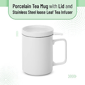 BTaT- Tea Cup with Lid, Tea Infuser Cup, 500ml 16oz Mug (White), Tea Cup with Stainless Steel Filter, Tea Cup with Infuser, Tea Mugs with Infuser and Lid, Tea Gifts for Tea Lovers, Tea Infuser Mug