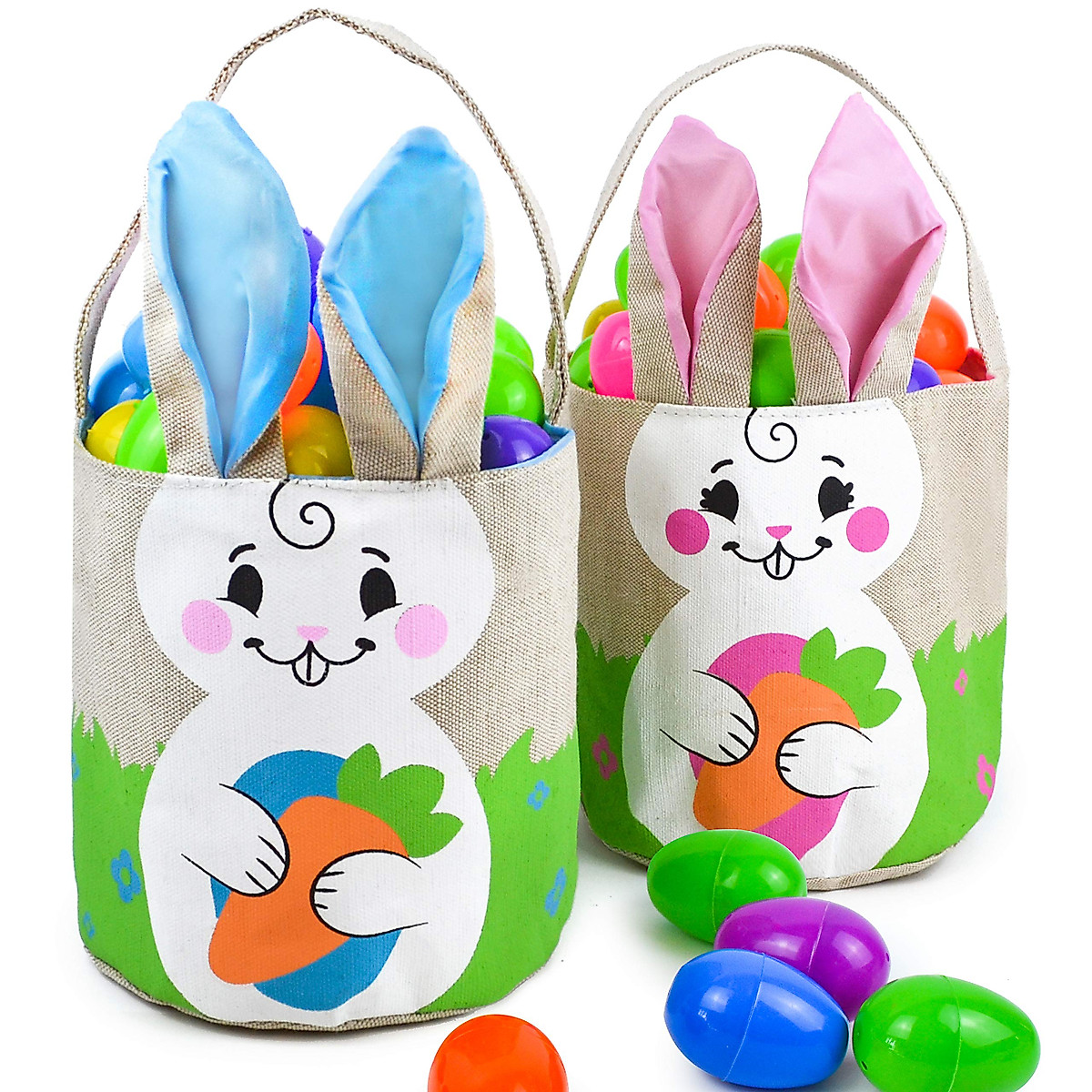 JOYIN 2 Pcs Easter Bunny Basket Set for Easter Eggs Hunt, Burlap Egg Tote Gift for Kids, Party Favor