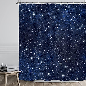 Riyidecor Night Sky Space Shower Curtain (No Glitter) Star Bathroom Decor 72Wx72H Inch Backdrop Dark Blue Cosmic Starry Fantasy Galaxy Universe Outer Space Fabric Waterproof 12 Plastic HooksRY-KKCQ