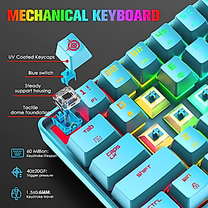MAGIC-REFINER 60% RGB Mini Mechanical Gaming Keyboard,Portable 68 Keys,Blue Switches,Detachable USB Type-C Cable,TKL Keyboard with Two Keycaps for Windows Gaming PC(Blue)