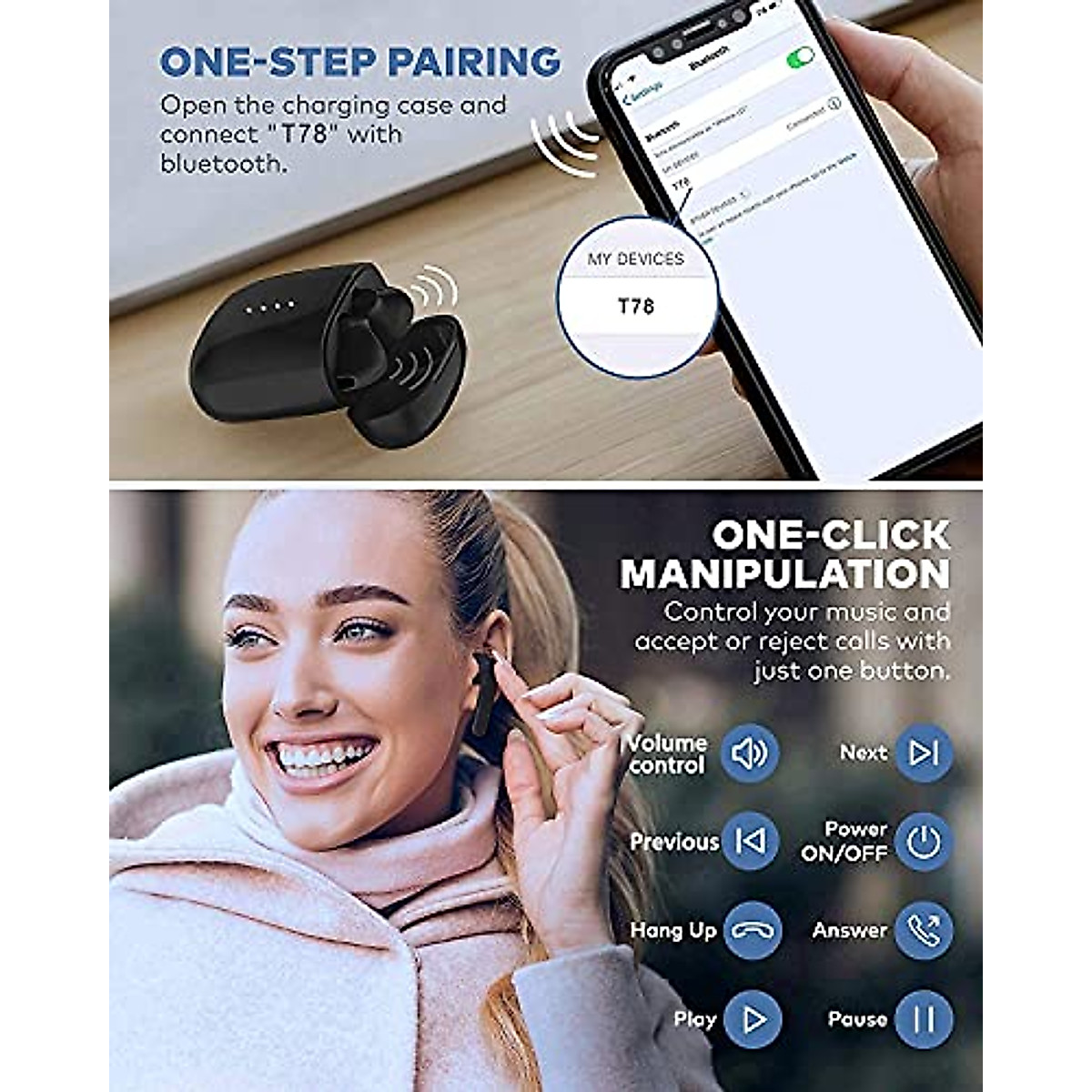 Wireless Earbud Bluetooth 5.0 Headphones with Charging Case, IPX8 Waterproof, 3D Stereo Air Buds in-Ear Ear Buds Built-in Mic, Open Lid Auto Pairing for Android/Samsung/Apple iPhone - Black