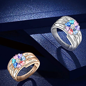 BAUMA AUTO Personalized Womens Ring with 2-8 Birthstones & Custom Names Sterling Silver Mother Ring Anniversary Rings for Mother's Day Women Grandma Wife (7 Name)