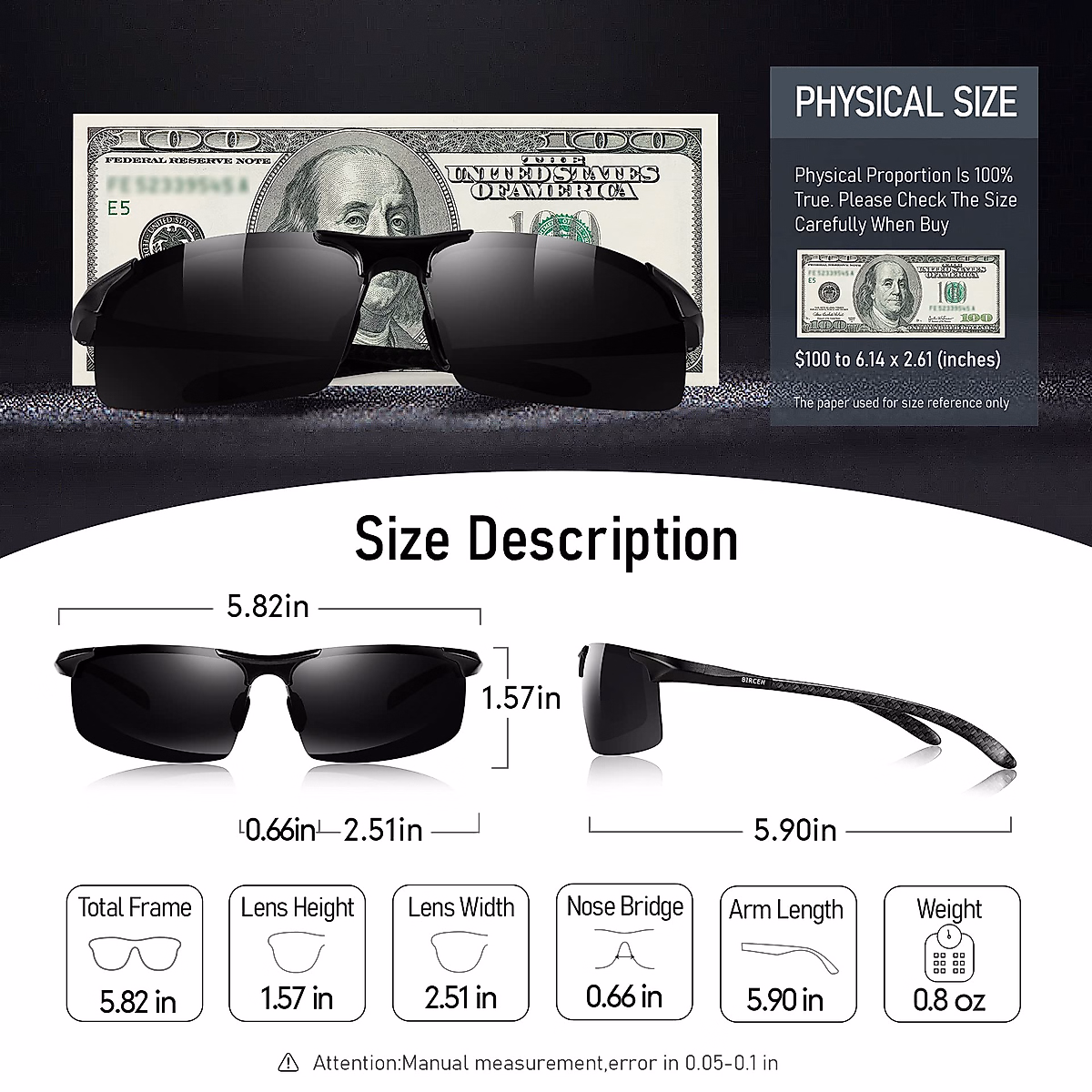 BIRCEN Mens Polarized Sunglasses UV-Protection: Carbon Fiber Sport Black Shades for Men Driving Fishing