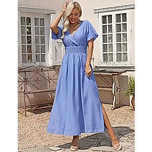 KOJOOIN Womens V Neck Short Sleeve Solid Long Dresses Smocked High Waist Slit Maxi Dress Blue M