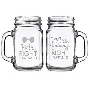 Mr. Right and Mrs. Always Right Personalized Glass Mason Mugs (set of 2)