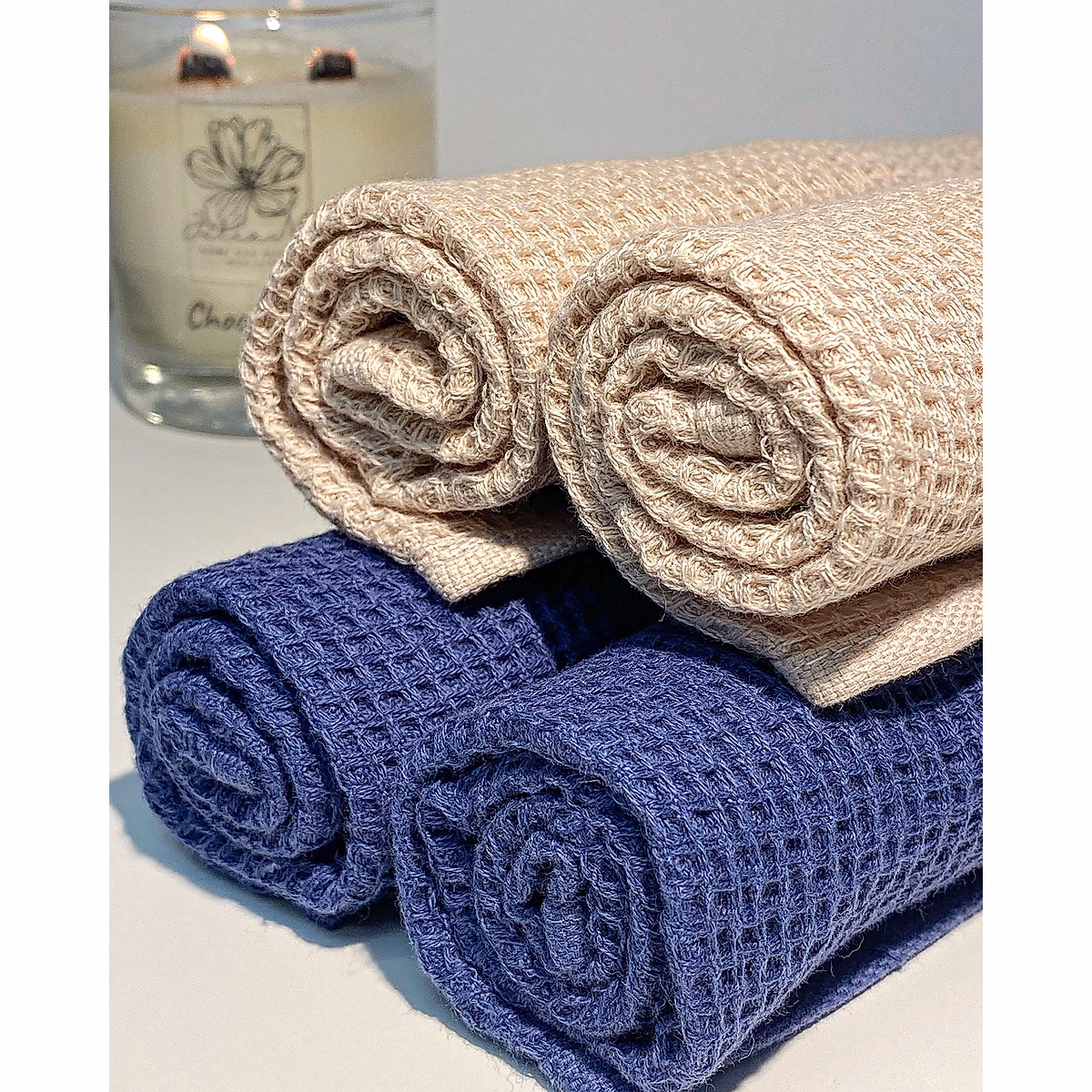 JuliaNa Home and Decor Waffle Weave Kitchen Towels, 100% Cotton, Set of 4 Cloths for Washing Dishes, Kitchen Dish Towels 12x12 Inches, Cream White and Blue