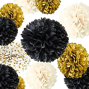 NICROLANDEE Black Gold Party Decorations - 12 PCS Black Gold White Tissue Paper Pom Poms for Wedding, Birthday, Bachelorette, Bridal Shower, Prom, Gruaduation, Festival Decorations