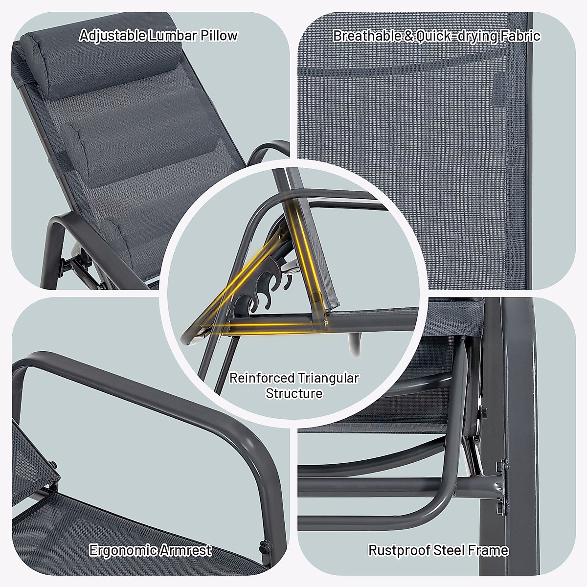 Tangkula 3 Piece Outdoor Bistro Set, Patio Stackable Chairs with Adjustable & Folding Backrest, Removable Headrest and Tempered Glass Coffee Table Set, Patio Conversation Set with Steel Frame (Grey)