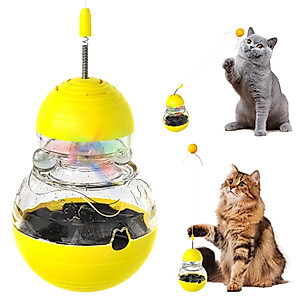 COSOWO Cat Interactive Toys Engaging Wand, Slow Food Treat Dispenser, and Tumbler Design for Indoor Cats Durable, Non-Toxic, Ideal for Exercise and Boredom Relief Gift for Kitten, Yellow