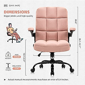 SEATZONE Pink Home Office Desk Chairs with Flip-up Armrest, Faux Fur, Fuzzy Computer Rolling Chair with Wheels, Adjustable Backward Tilt