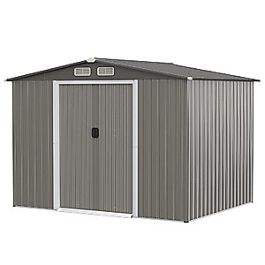 Goplus Outdoor Storage Shed, 8.5’ x 6.8’ x 6’ Weather-Resistant Utility Tool Organizer w/Foundation, 4 Louvers, Double Doors & Ramp, Galvanized Steel Tool Shed for Garden, Lawn, Yard