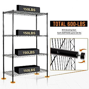 Catalina Creations 4-Shelf Shelving, Steel Wire Rack with 4-Shelf Liners, 100 lbs Loading Capacity Per Shelf, Heavy Duty Standing Storage Shelf Units for Garage (30W x 14D x 47H, Black)