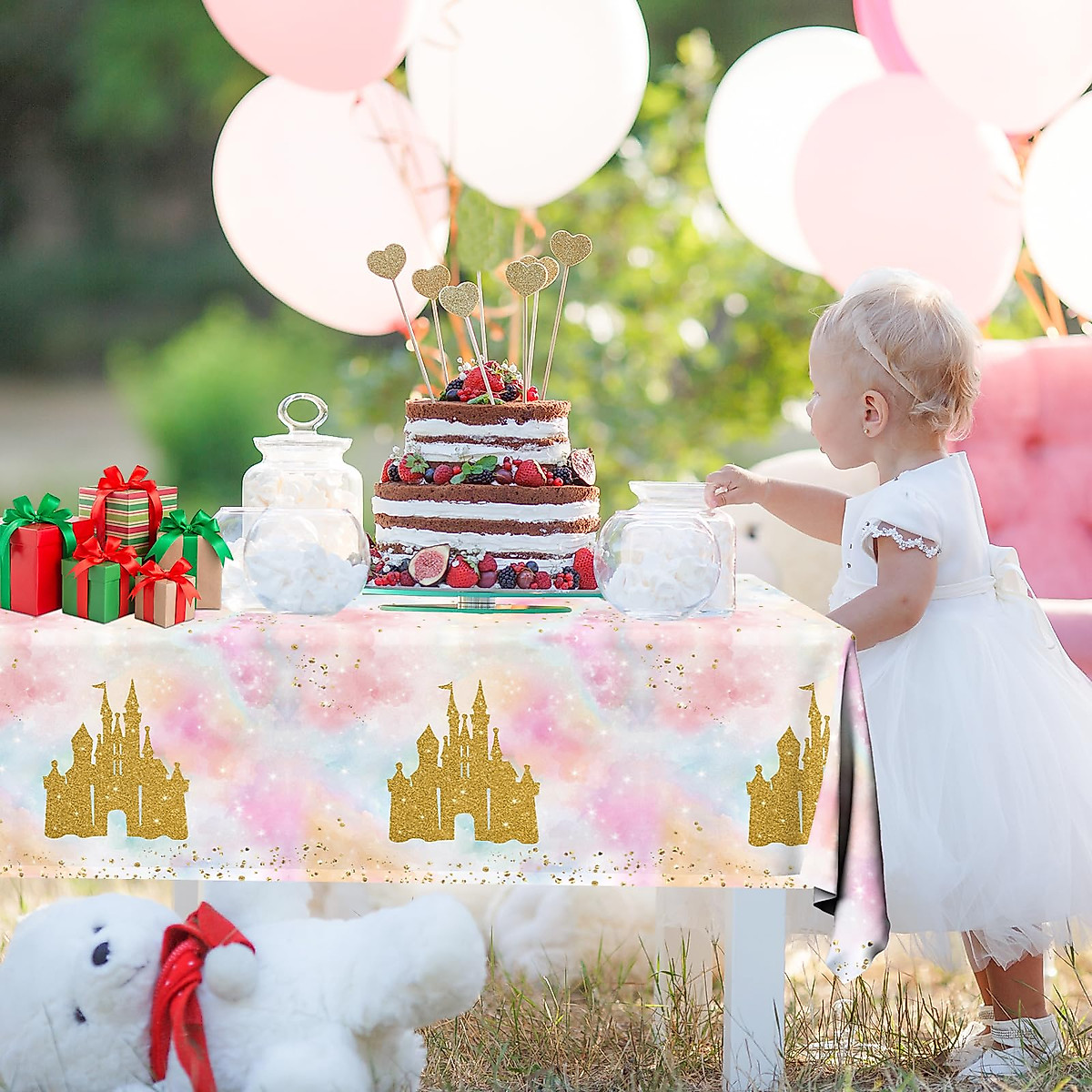 Juweked 3Pcs Princess Castle Tablecloth Rectangle Princess Table Cloth Pink Tablecloth Plastic Princess Table Decorations Pastel Table Cover Gold and Pink Princess Party Decor, 70.8" x 42.5"